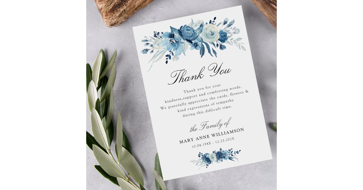 tackkort för dammig blå blommigt begravning tack kort | Zazzle.se